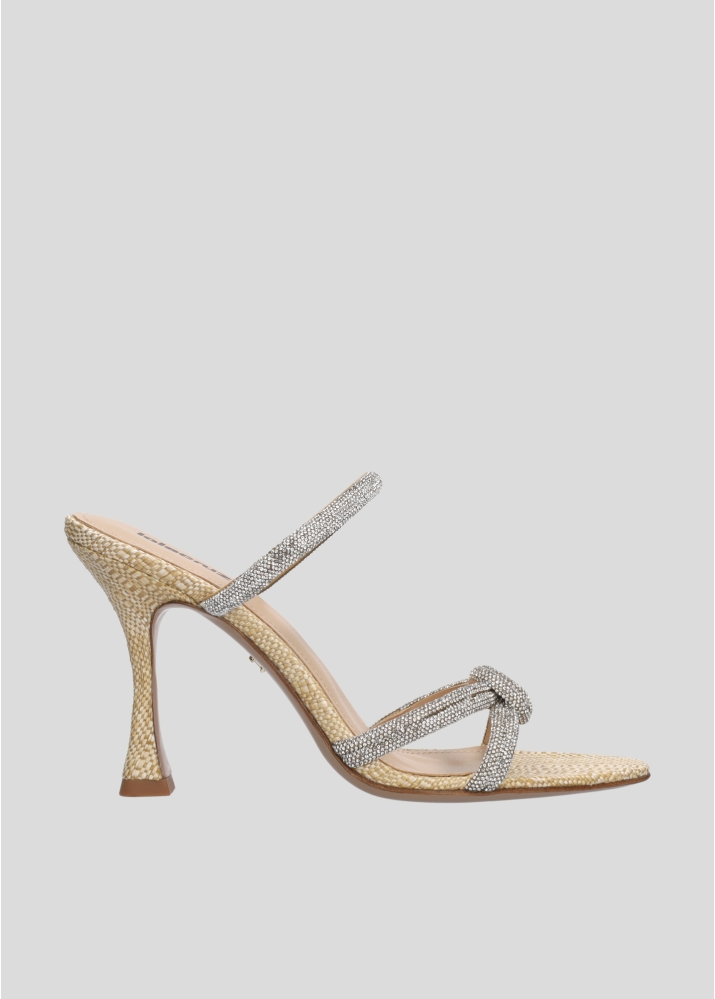 Heeled sandals for women Lola Cruz in fabric. Style Alice Mule with tubular strap with crystals ...